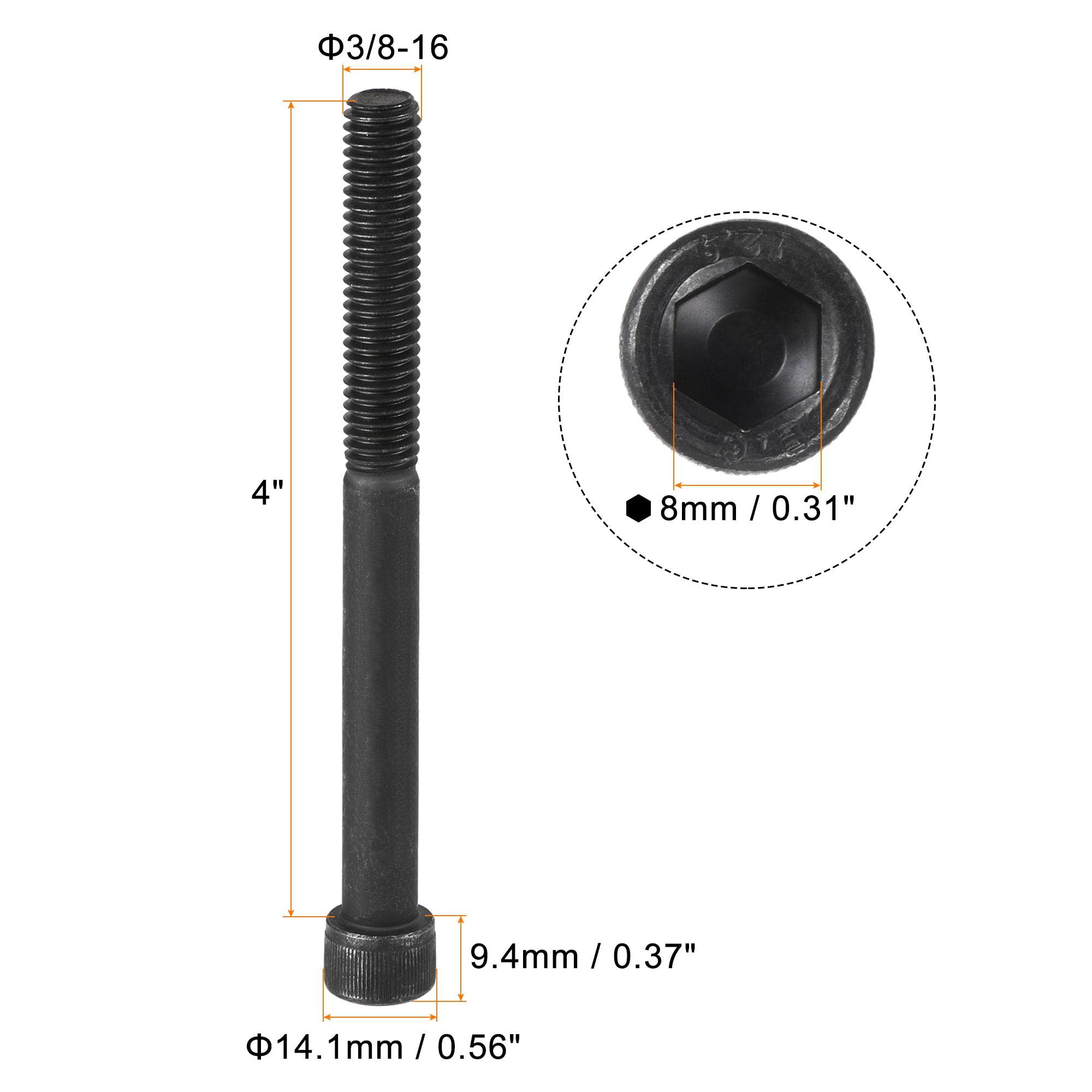 uxcell 3/8-16x4" Hex Socket Head Cap Screw Bolts 12.9 Grade Alloy Steel 5pcs