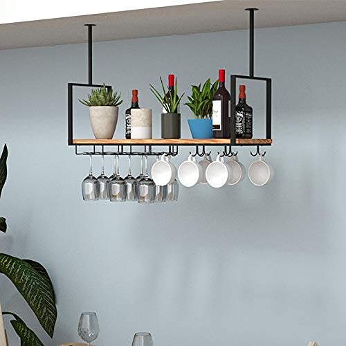 Ceiling Shelf Wine Glass Holder,Iron Hanging Wine Glass Rack Ceiling Decoration Shelf,for Bars/Restaurants/Kitchens (Black 100 * 30 * 60cm)