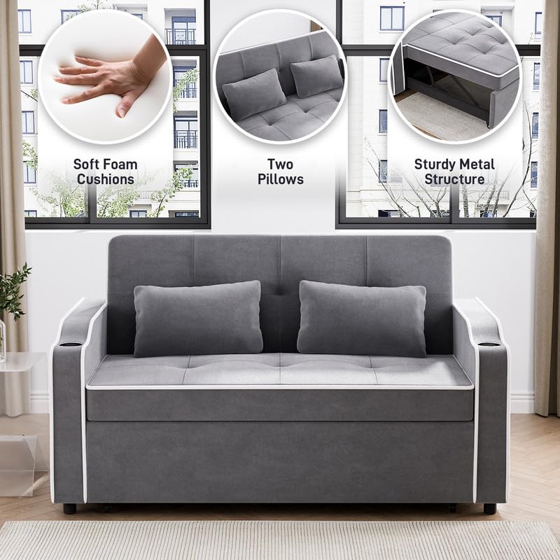 DAMAIFROM Sleeper Sofa Bed with USB Port, Velvet Pull Out Couch Bed, 3-in-1 Convertible Upholstered Loveseat Sofa,Velvet Futon Couch with Adjustable Backrest for Living Room,Dark Grey