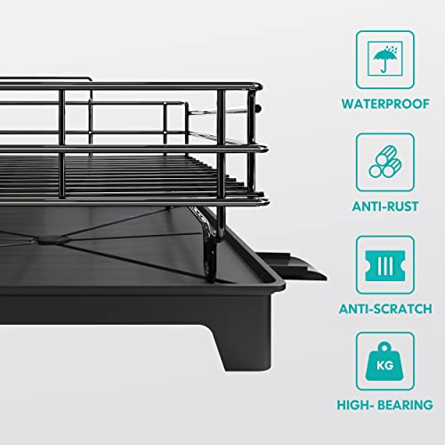 MAJALiS Dish Drying Rack with Drainboard Set, Large Dish Drainers for Kitchen Counter, Stainless Steel Drying Rack with Utensil Holder and Dryer Mat, Kitchen Dish Strainer Rack (Black - One Tier)