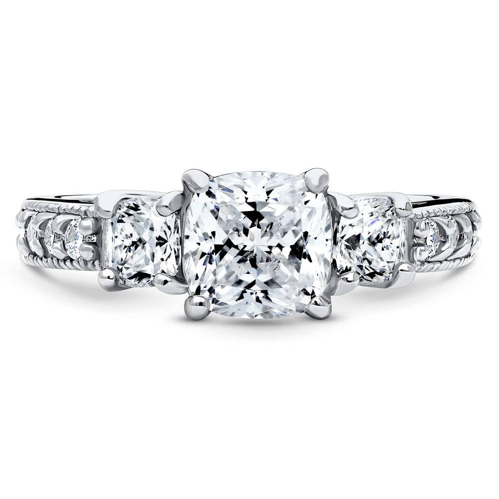 BERRICLE Sterling Silver 3-Stone Wedding Engagement Rings Cushion Cut Cubic Zirconia CZ Promise Ring for Women, Rhodium Plated Size 5.5