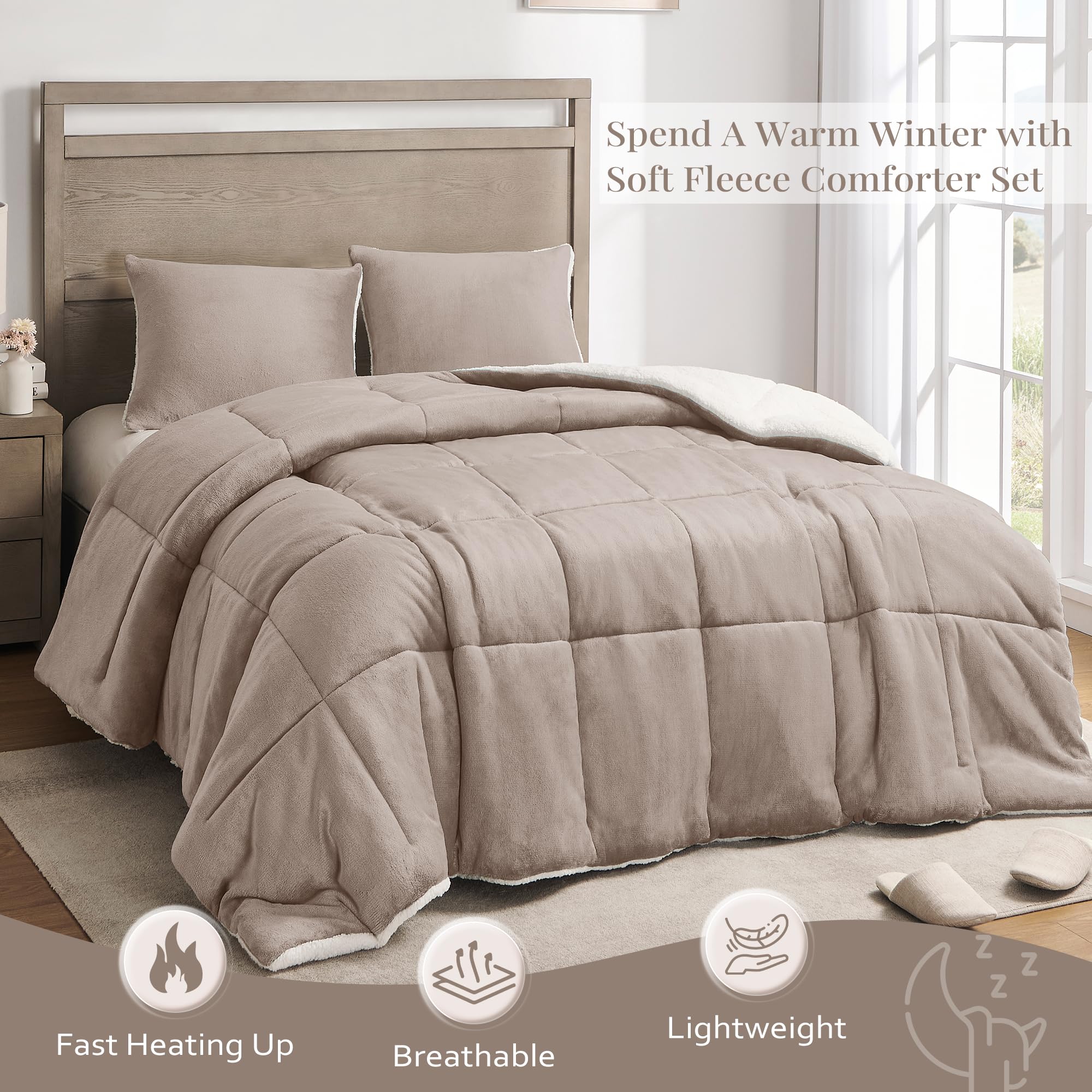 Basic Beyond Twin Comforter Set - Micromink Fleece Sherpa Comforter for Twin Bed, Soft and Warm Twin Bedding Comforter Set for Girls and Boys in Winter, Sand, 64"x88"