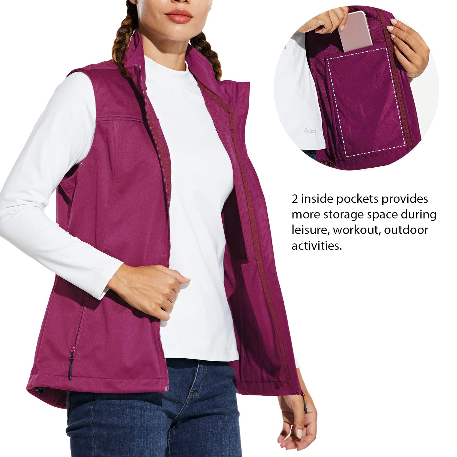 BALEAF Women's Lightweight Vest Softshell Sleeveless Jacket Windproof Stand Collar with Zipper Pockets Running Hiking Golf Rouge L