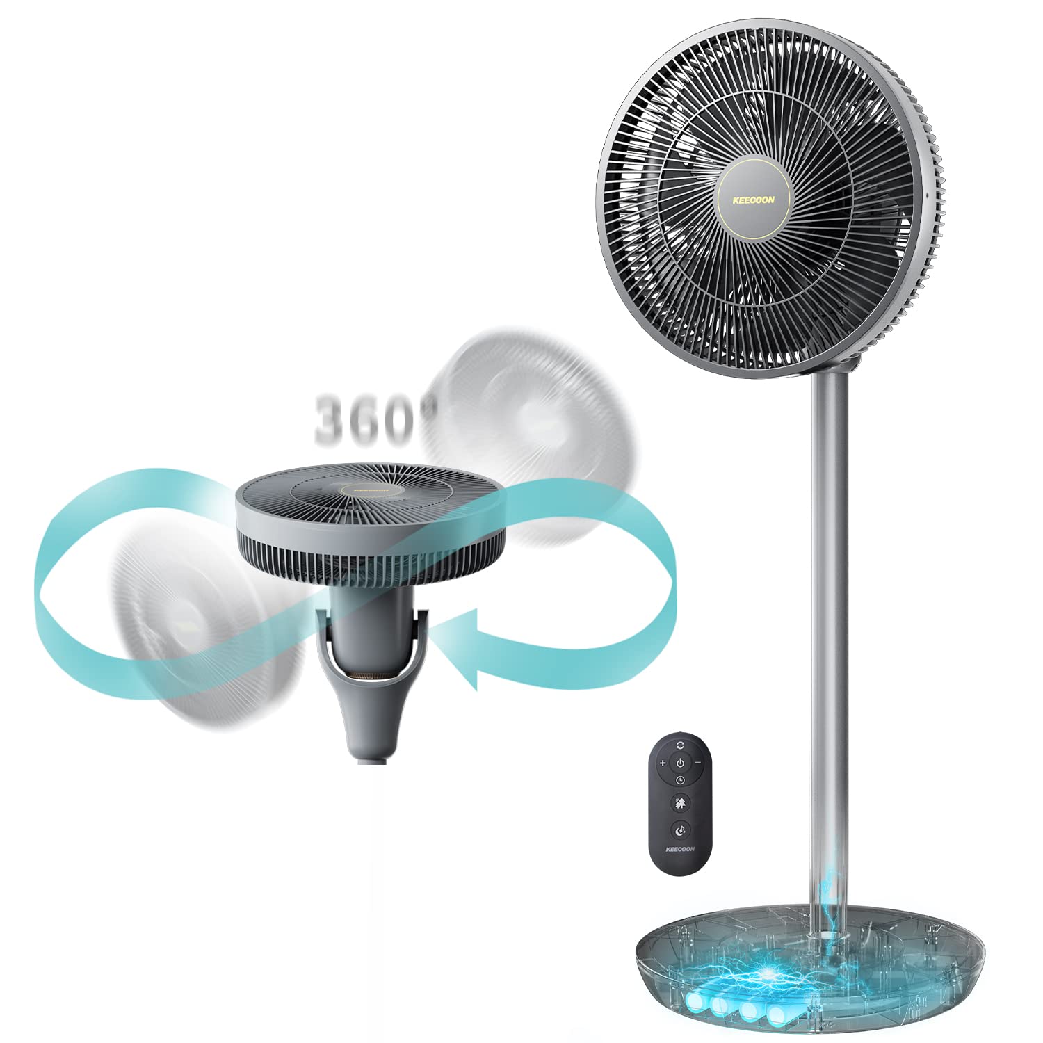 Standing Fan for Patios Home, 360 Degree Oscillating Rechargeable Pedestal Fan with Remote, 37-Inch Tall Cordless Whole House Style Portable Fan, Quiet,15000mAh Battery, 15 Speed Levels&Timer, Gray