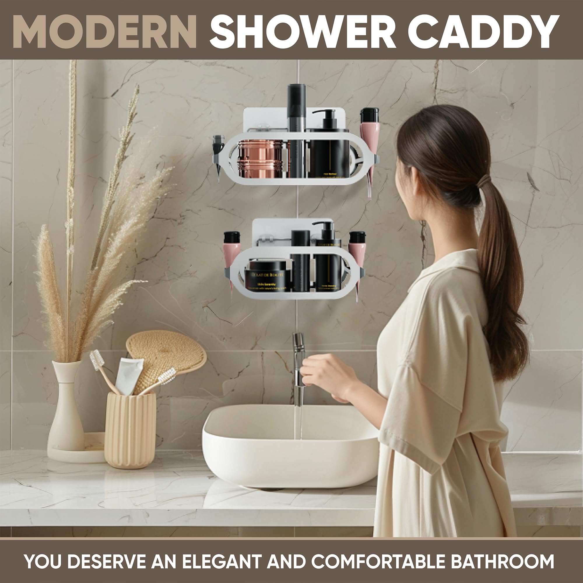 D&E Living Co. Modern Shower Shelf Adhesive Bathroom Shower Organizer Stainless Steel Shower Caddy Adhesive, Elegant Rust-Proof Shower Rack, No Drilling Shower Storage, Shower Wall Organizer- Silver
