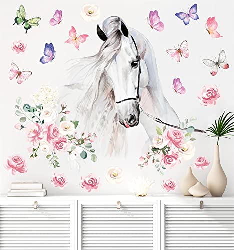 White Horses Wall Decals Farm Animal Decals Peel and Stick Wild Horse Wall Decor Butterfly Flowers Wall Stickers Horses Wall Art Mural for Living Room Kids Bedroom Nursery Farmhouse Office Decor Gift