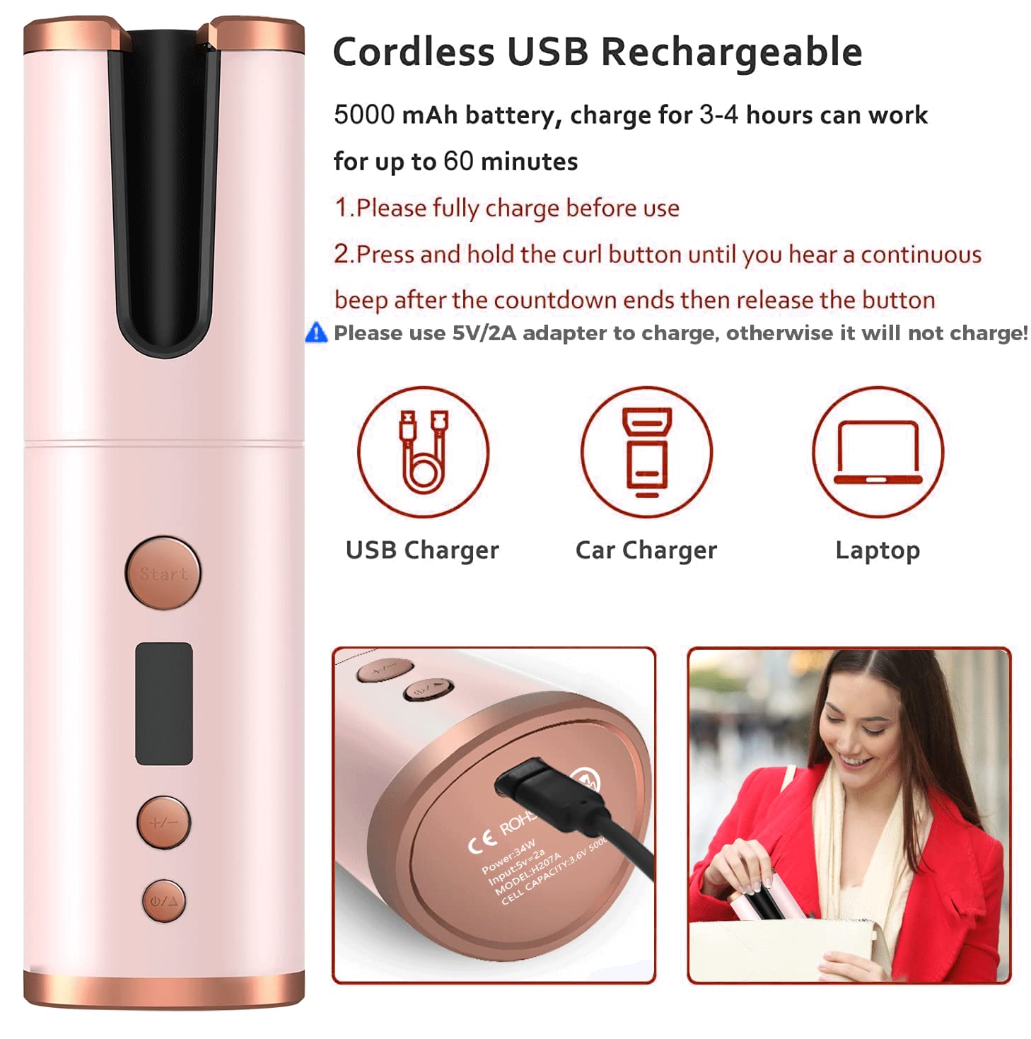 Automatic Curling Iron,Cordless Auto Hair Curle r, Wireless USB Rechargeable Curling Iron Wand, Portable Rotating Curling Wave Wand Styling Tool, Auto Shut Off ,Fast Heating for Hair Styling(Pink)