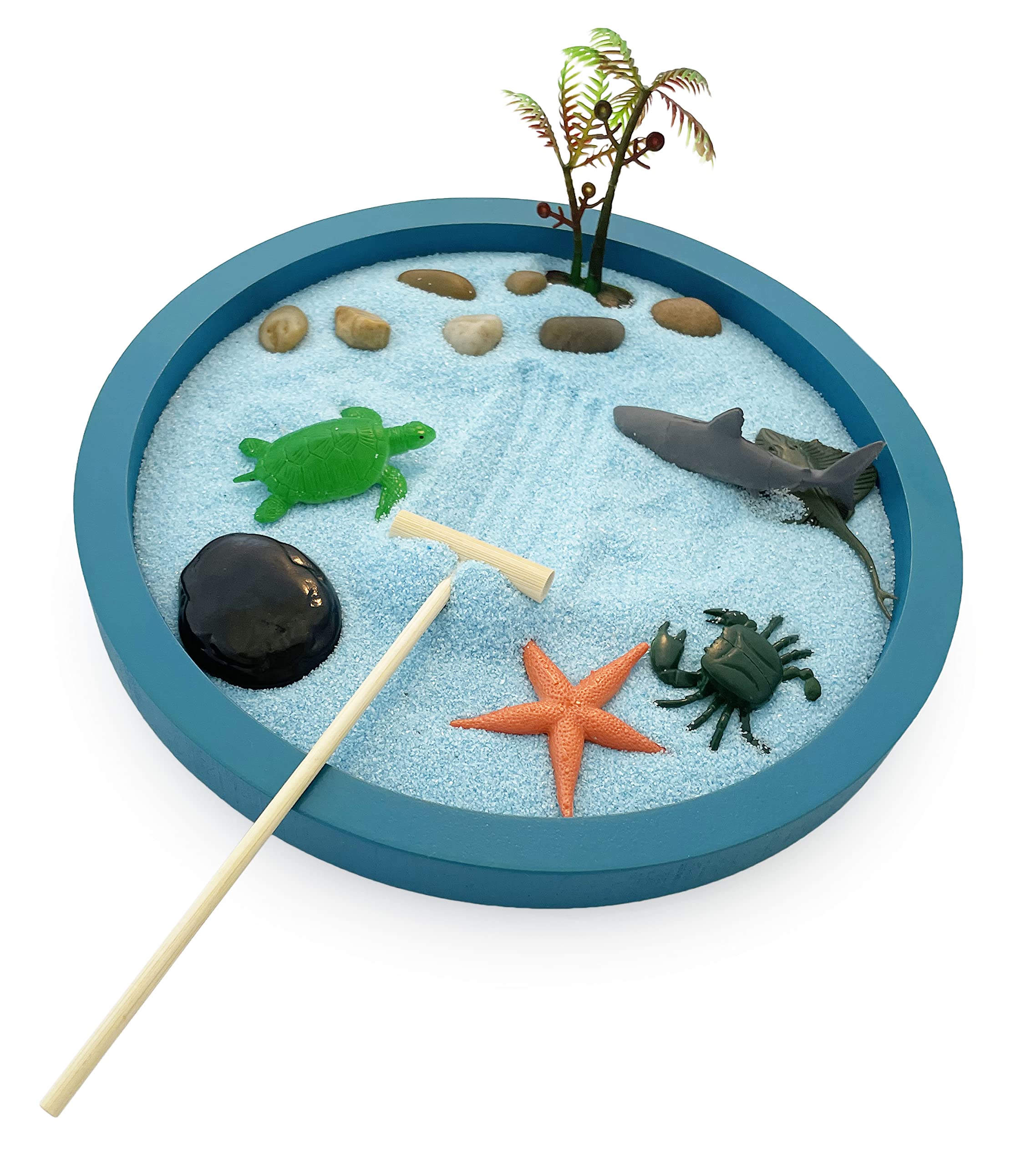 Japanese Zen Garden Mini Kit for Desk - Ocean Beach Theme - Relaxation, Meditation & Mindfulness - Gift for Birthdays, Christmas, Etc. - Includes Rake, Sand, 10+ Accessories! - Tray Diameter 8.5"