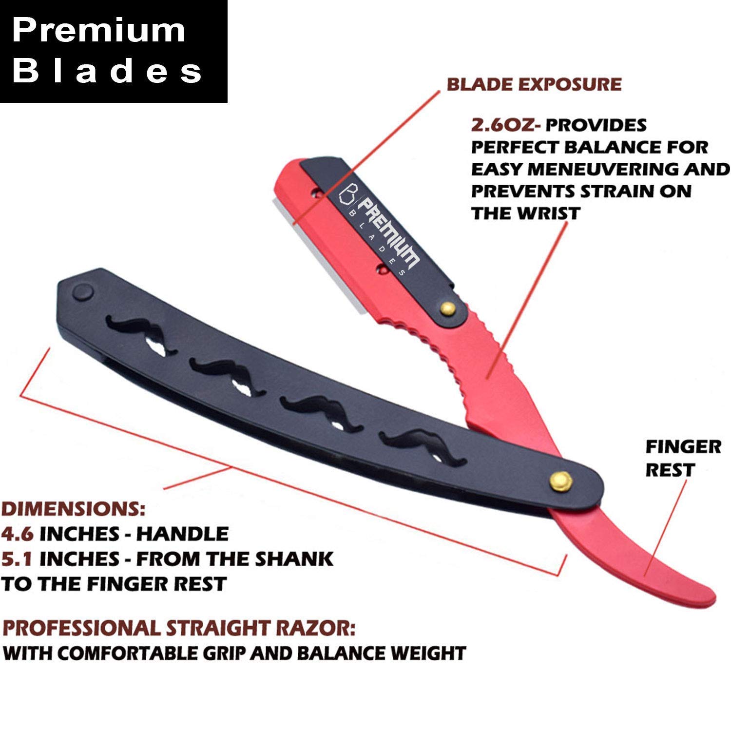 Black & Red Barber Razor, Razor for men, Professional Changeable Half Blade Straight Edge Razor by" Premium Blades"