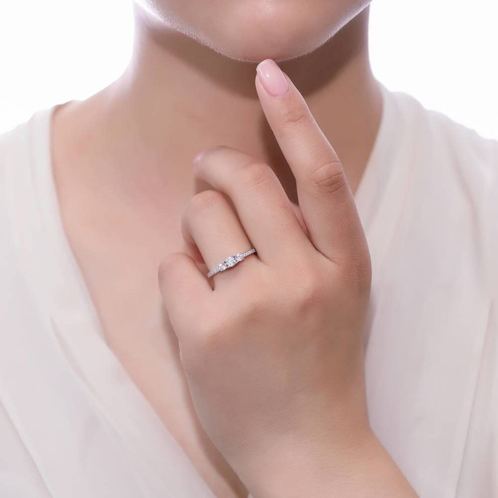 BERRICLE Sterling Silver 3-Stone Wedding Engagement Rings Round Cubic Zirconia CZ Ring Set for Women, Rhodium Plated Size 8
