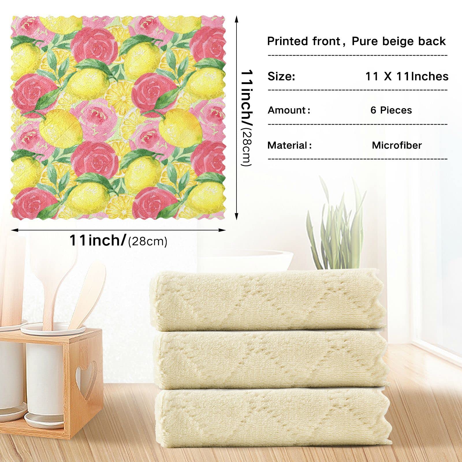 Boccsty Yellow Lemons Pink Roses Kitchen Towels 6 PCS Summer Fruit Floral Hand Bath Towel Dish Towels Tea Bar Towels for Bathroom Farmhouse Housewarming Tabletop Home