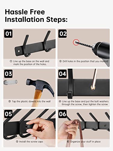 Coat Rack Wall Mounted with 6 Dual Hooks Rail for Hanging Clothes Hats Bags Keys at Entryway Towel Head Wraps Robes at Mudroom Mugs at Kitchen Room Organization (Black)