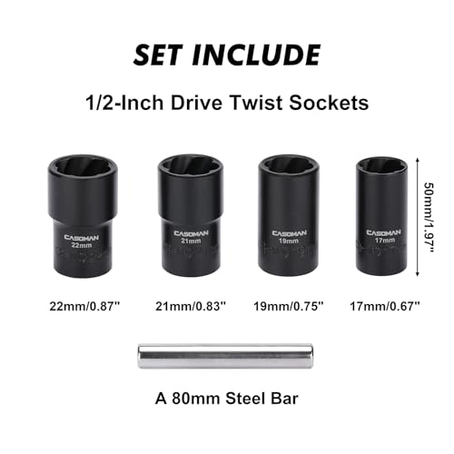 CASOMAN 5 Pieces 1/2"Dr. Twist Socket Set, Lug Nut Remover Tool Metric Bolt and Lug Nut Extractor Socket Tools