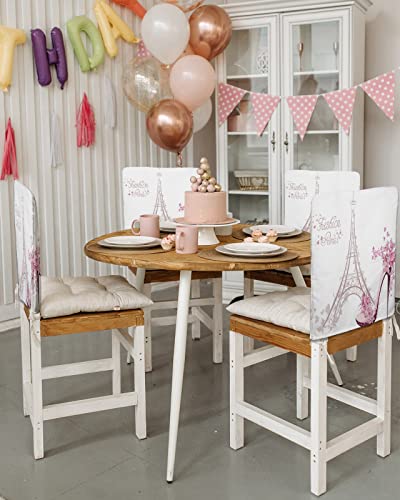 Maliyand Chair Back Cover, Pink Paris Eiffel Tower High Heel Flower Chair Covers Removable Chair Protector Slipcover for Dining Room, Kitchen, Restaurant, Set of 8