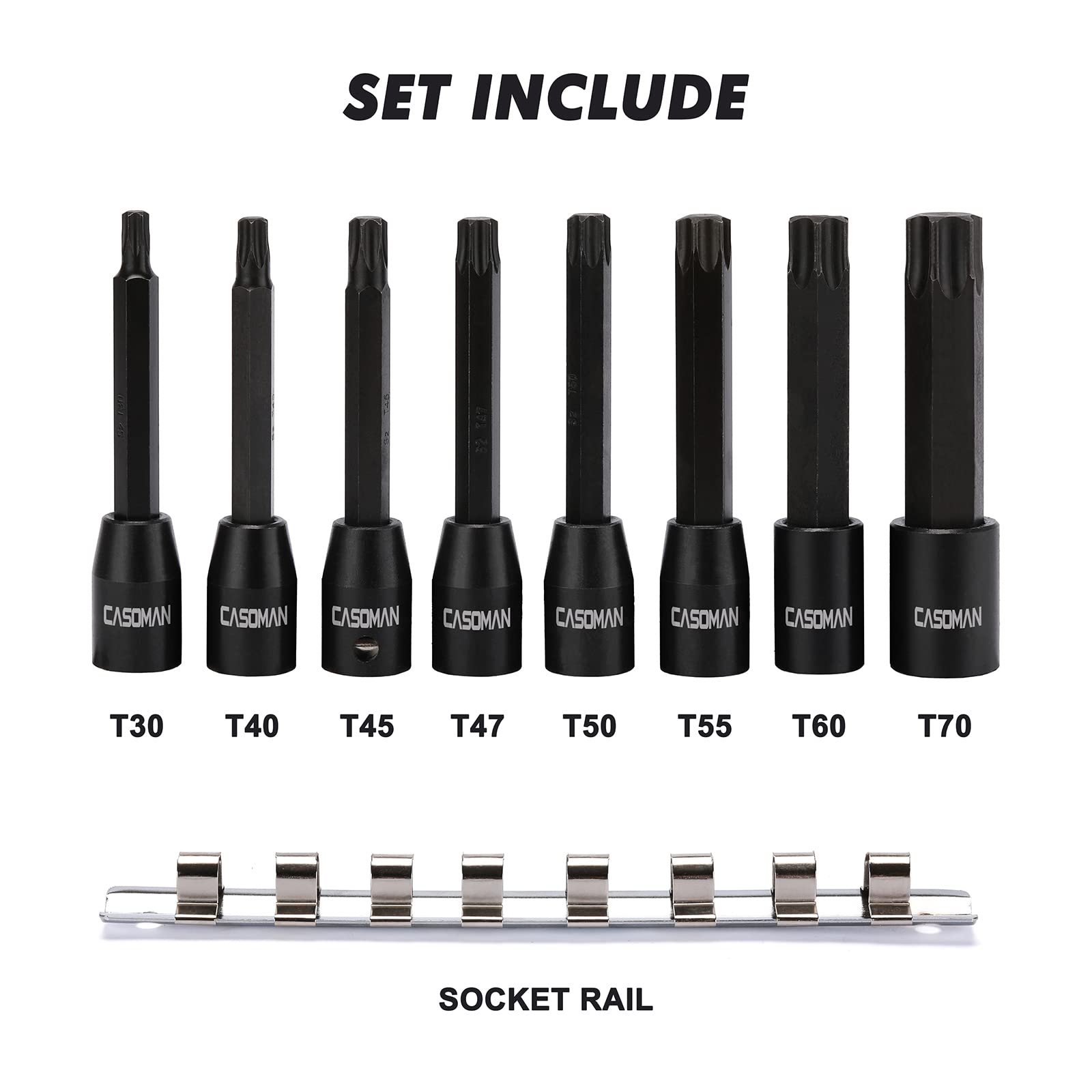 CASOMAN 8 Piece 3/8β Drive Extra Long Torx Star Bit Socket Set, T30-T70, S2 Steel, 3.5-inch Length Torx Bit in 3/8-inch Dr.