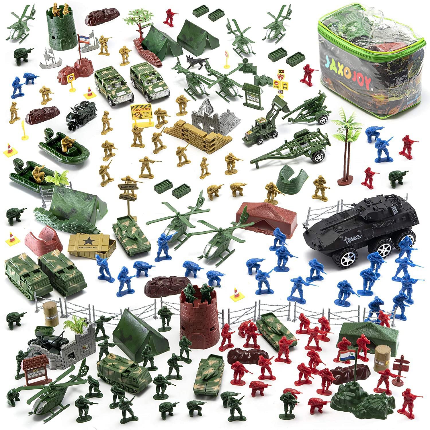 JaxoJoy 200-Piece Army Toys Set - Includes Army Men Action Figures, Military Vehicles, Helicopters, Tanks, Boats, Forts, Tents, and More - Durable Plastic Toy Soldiers for Boys, Army Playset for Kids