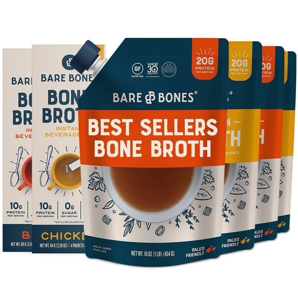 Bare Bones Broth Starter Pack, 2 Bags Each Beef & Chicken, 4-Pack Each Instant Beef & Chicken, Keto & Paleo Friendly, Organic, Protein and Collagen Rich