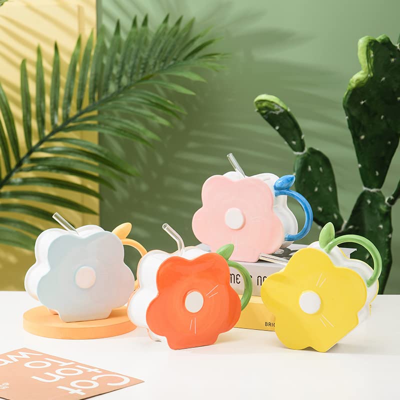 berjaya 13 oz Flower Shaped Ceramic Mug with Straw and Lid Large Capacity Coffee Home Decoration Gift (yellow)