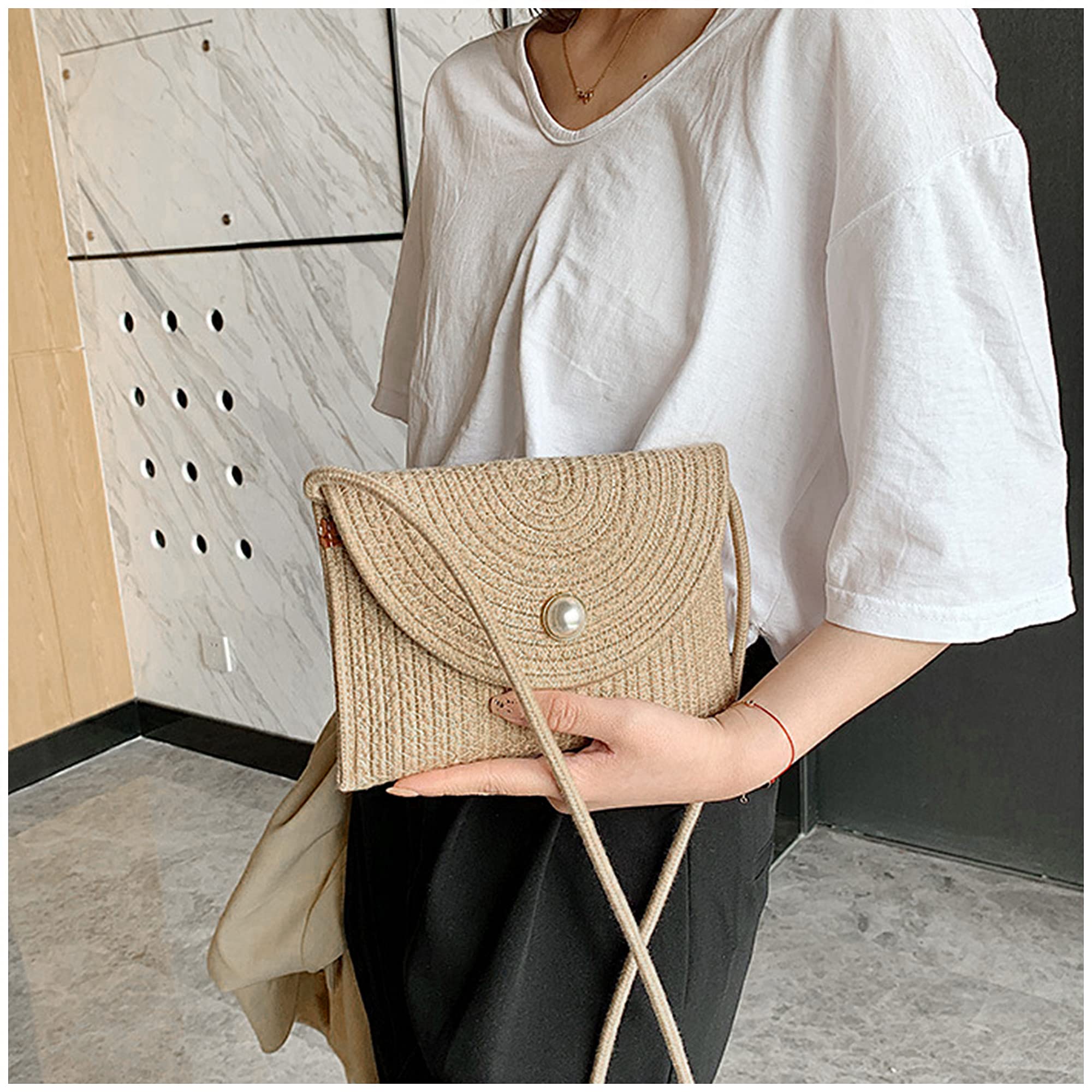 jascaela Women's Straw Woven Crossbody Bag Summer Beach Clutch Purse - Khaki