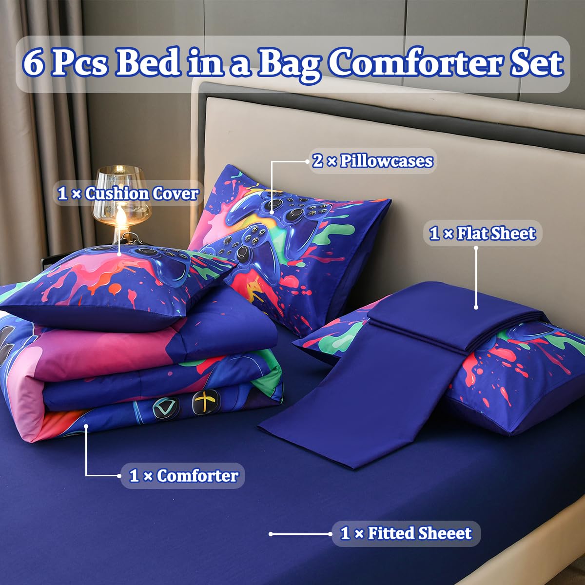 Tasselily Game Console Full Comforter Set with Sheets, Microfiber 6 Pcs Bed in A Bag Full Size Gamer Bedding Set for Boys Kids Teens