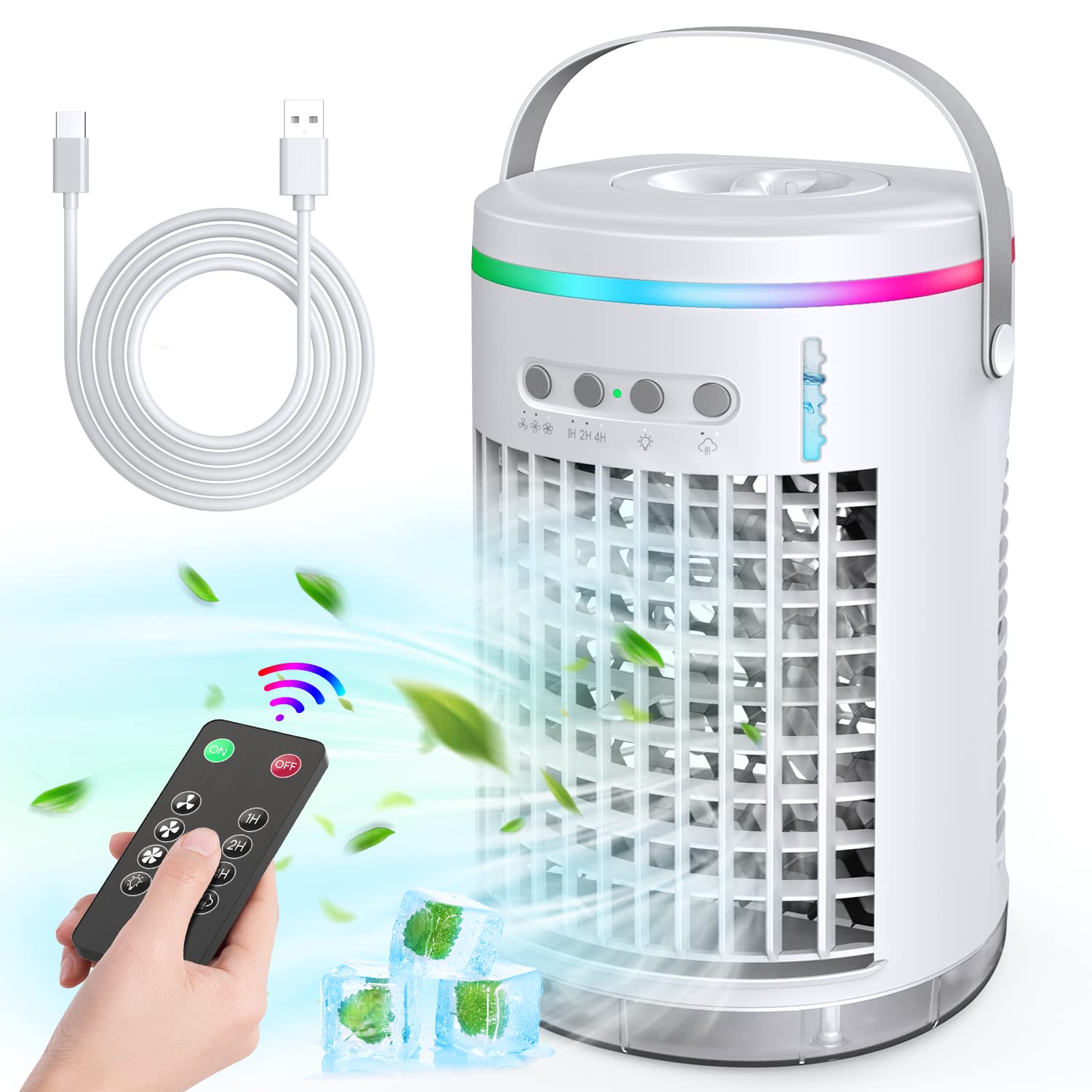 Portable Air Conditioner,1400ml Evaporative Air Cooler with Remote 3 Speeds,USB Personal Air Conditioner with 7 LED Light,Portable AC Air Conditioner for Small Room Kitchen Office Desk Bedroom Camping