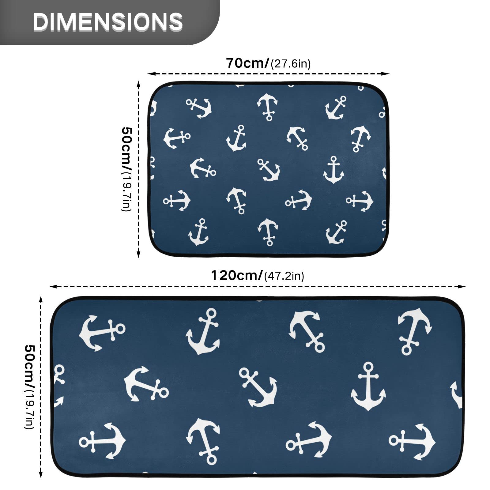 BOENLE Kitchen Rugs and Mats Non Skid Washable Kitchen Rug Set 2 Piece Blue Anchor Carpet Ergonomic Comfort Standing Mat for Kitchen,Bathroom, Laundry