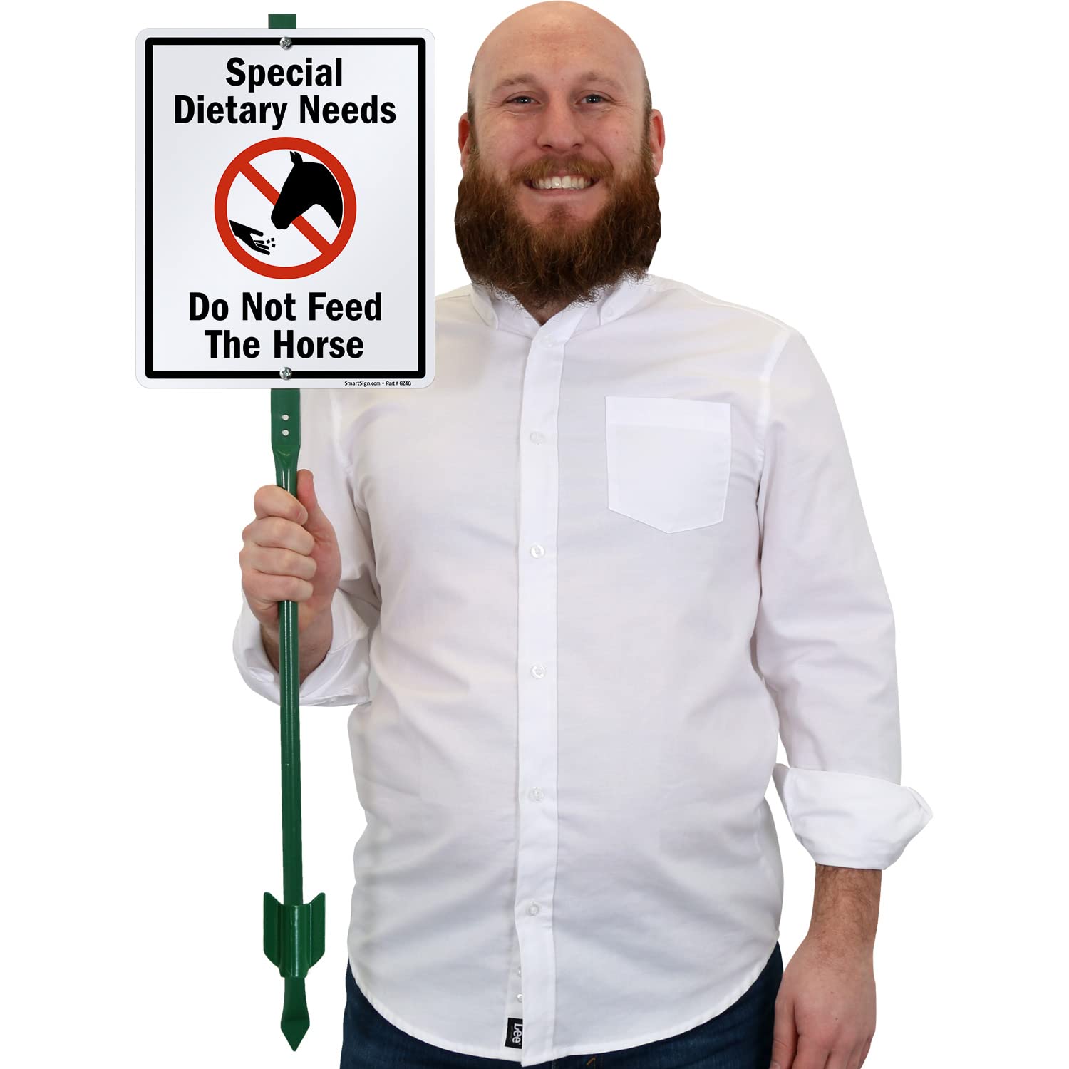 SmartSign 12 x 10 inch “Special Dietary Needs - Do Not Feed The Horse” LawnBoss Yard Sign with 3 foot Stake, 40 mil Laminated Rustproof Aluminum, Red, Black and White, Set of 1, Made in USA