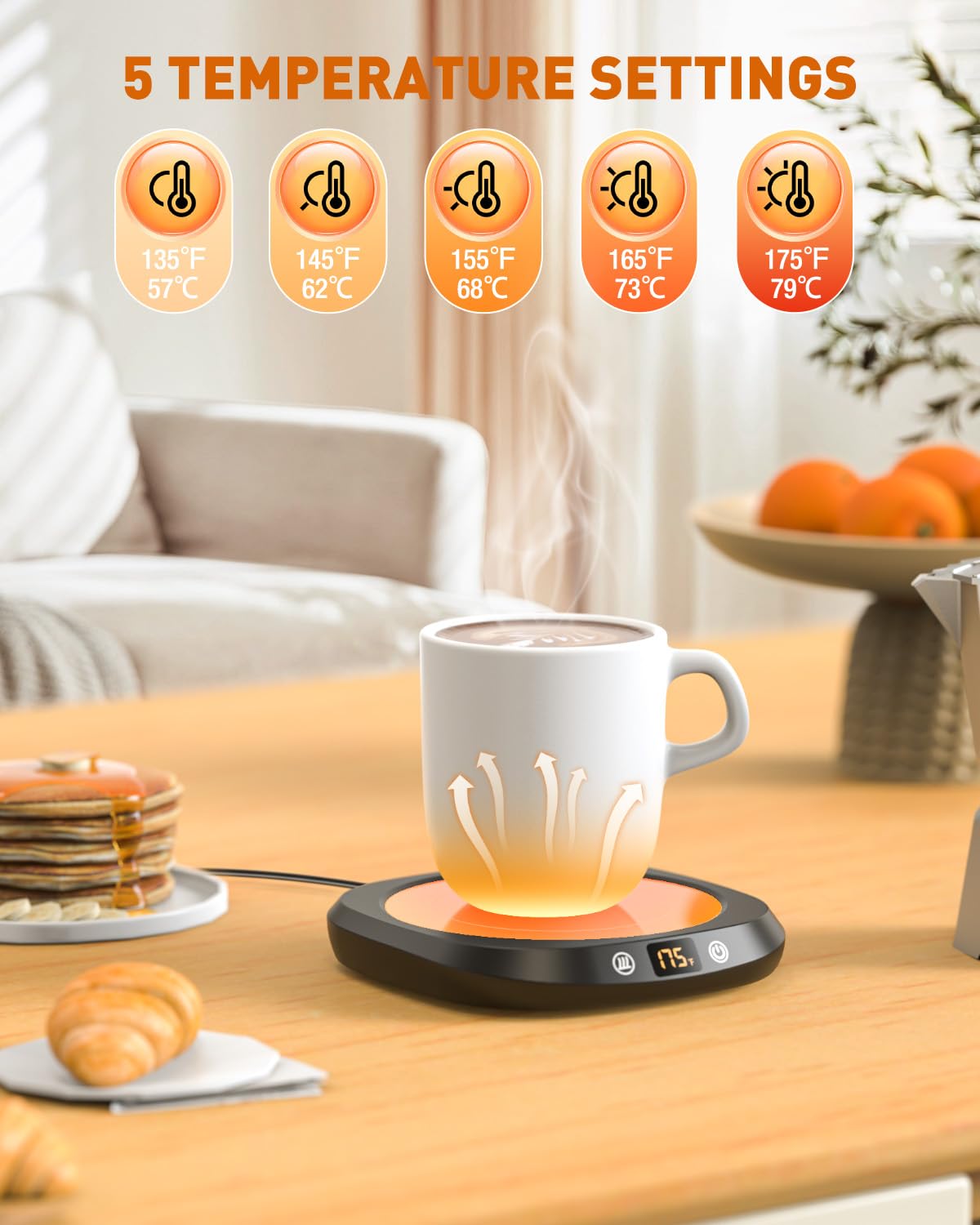 Coffee Mug Warmer, Fast Heating Cup Warmer for Desk, with 5 Temperature Levels & 1-12H Timer, Auto Shut Off Smart Beverage Warmer for Coffee, Tea, Water, Milk, Plug-in Model (Black)