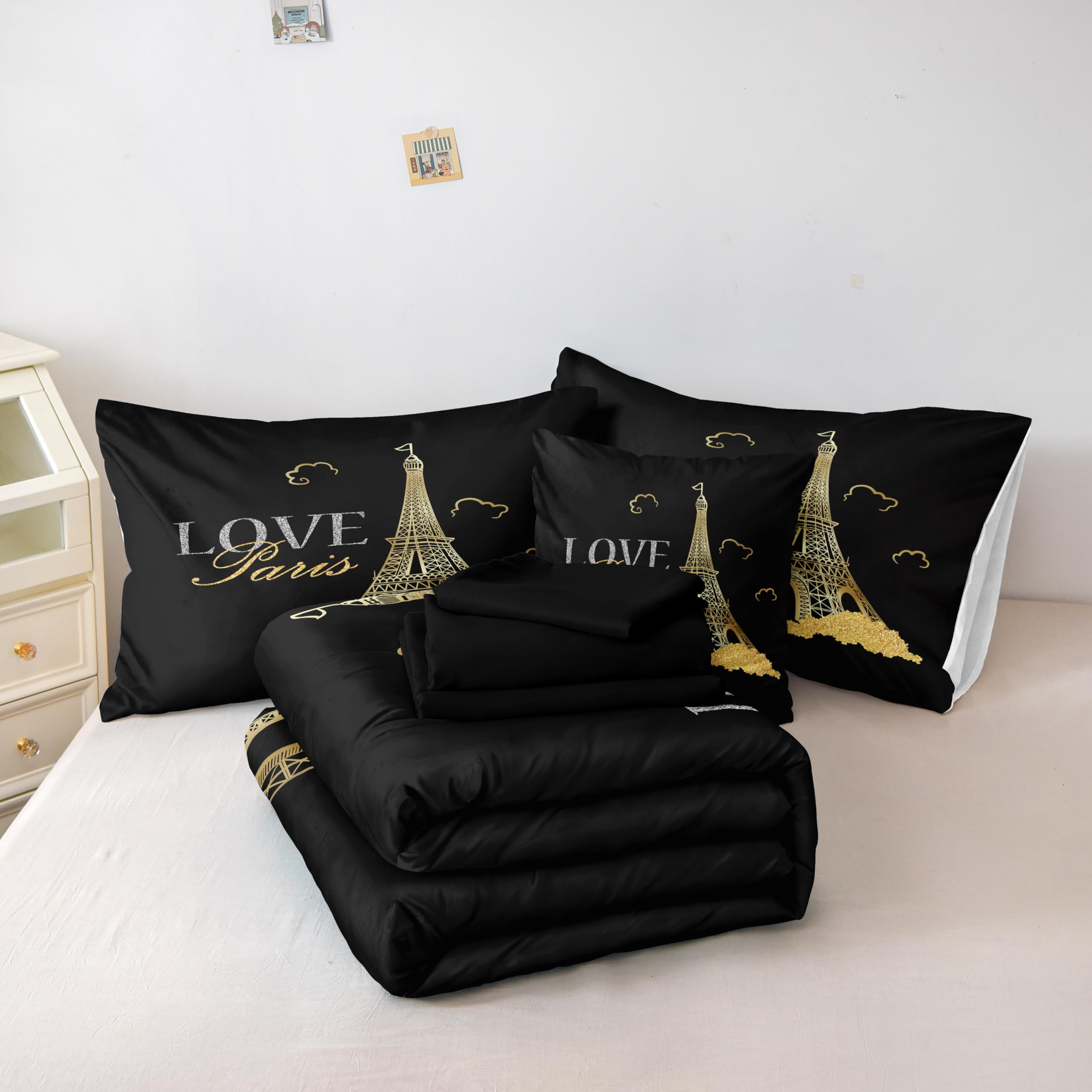 Black and Gold Comforter Set Queen Black Bed in a Bag 8 Pieces Boho Hippie Bedding with 1 Comforter, 1 Flat Sheet, 1 Fitted Sheet, 4 Pillowcases, 1 Cushion Cover (Queen, Marble)