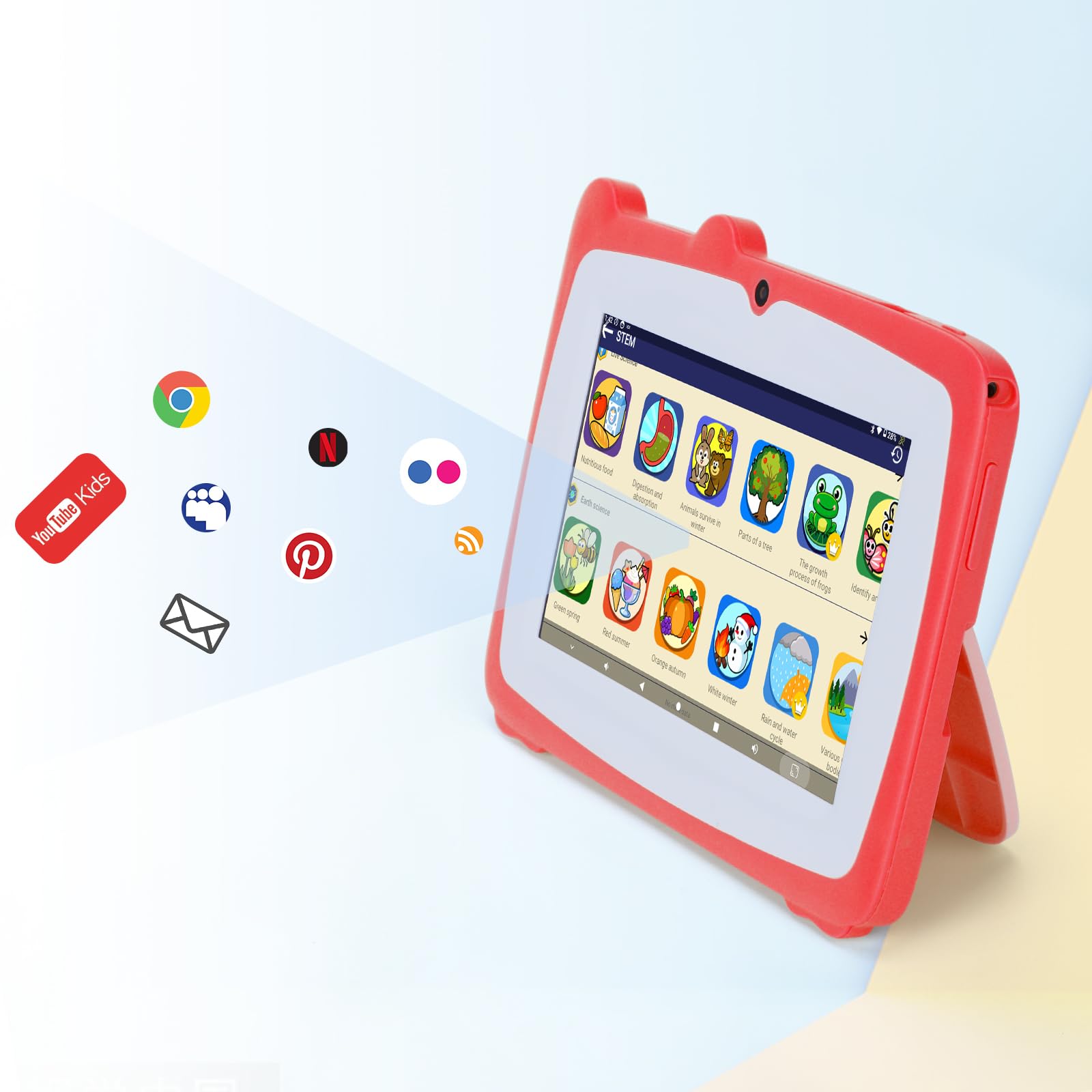 C idea 7 inch Kids Tablet, Android 12 Tablet for Kids with Kid-Proof Case 32GB+32GB Expandable Storage HD Dual Camera WiFi Childrenās Tablet for Toddler Boys Girls Playing and Learning (Rose Red)