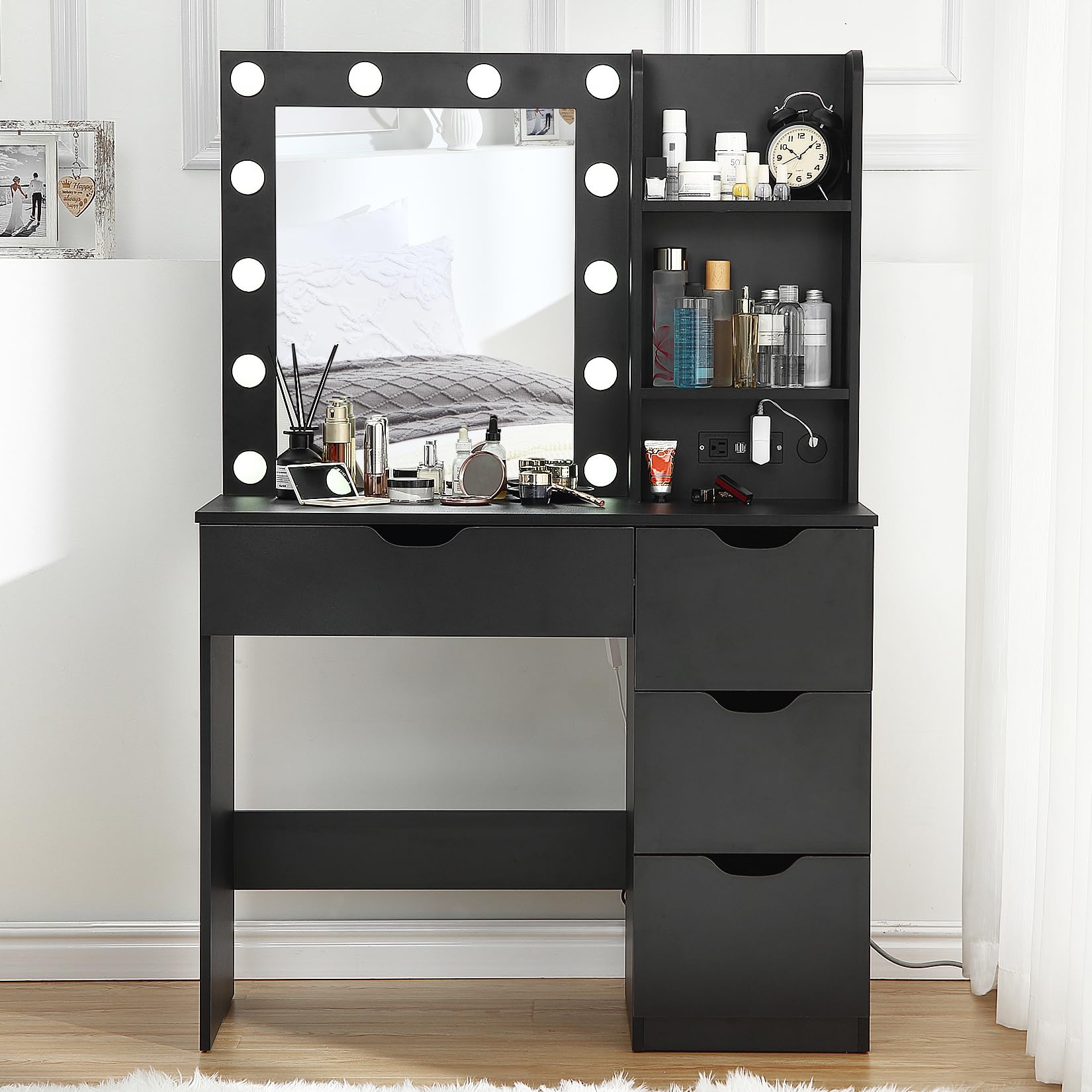 JoanKaren Modern Vanity Makeup Desk with Vanity Mirror, Built-in Lights, 4 Drawers, Crystal Ball Knobs, Power Outlet, White Makeup Desk for Bedroom