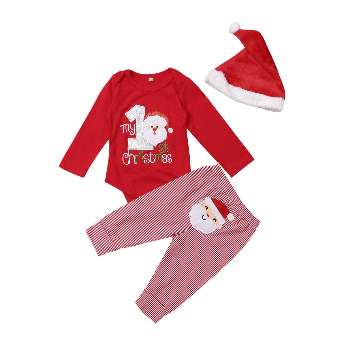 Bowanadacles My First Christmas Newborn Baby Girl Boy Outfit Clothes Long Sleeve Romper Santa Claus Pants 2Pcs Set