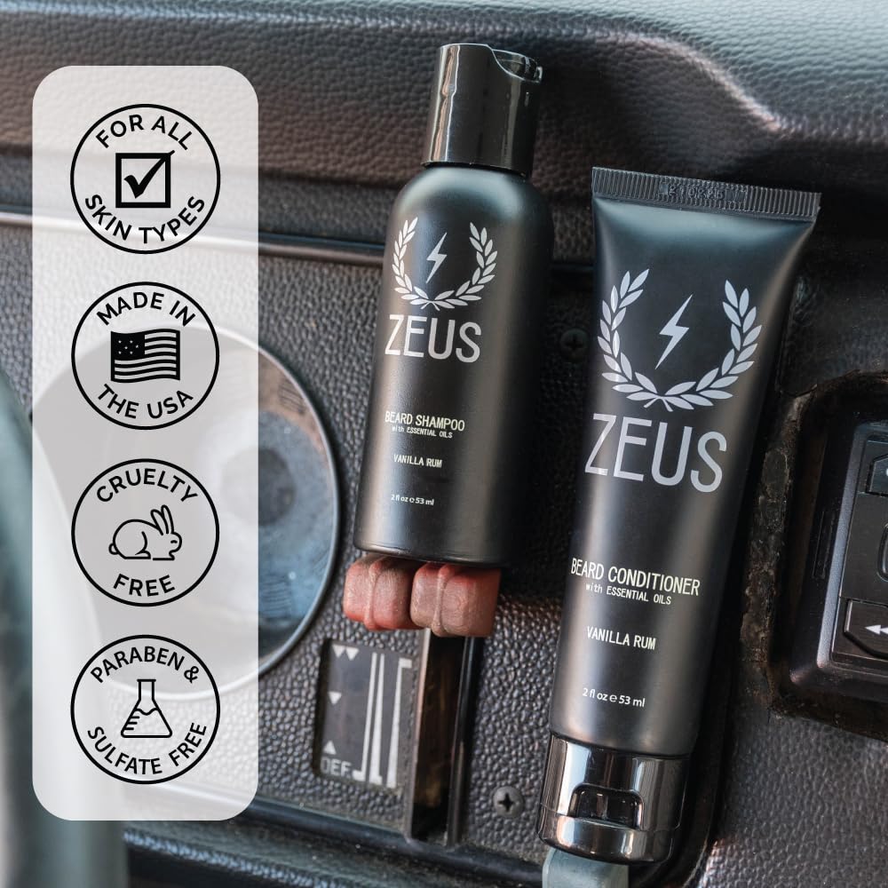 ZEUS Travel Size Beard Wash & Beard Conditioner Set for Men – Soften, Hydrates & Moisturizes - MADE IN USA (Sandalwood)