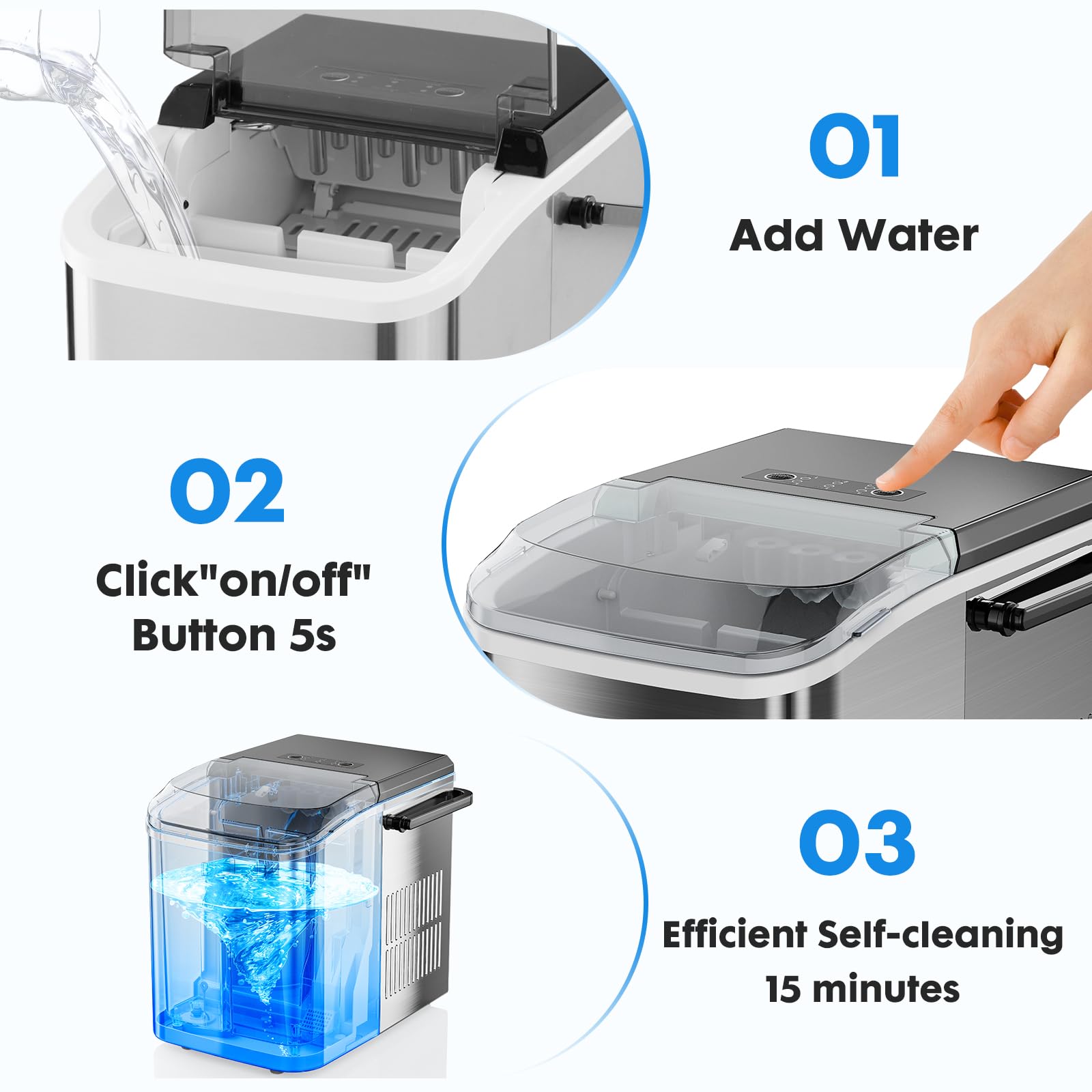 DUMOS Stainless Steel Countertop Ice Maker, Portable Self-Cleaning Ice Machine with Handle, Ice Scoop and Basket, 6 Mins/9 Pcs, 26.5lbs/24Hrs, 2 Sizes of Bullet Ice for Kitchen Party, Silver