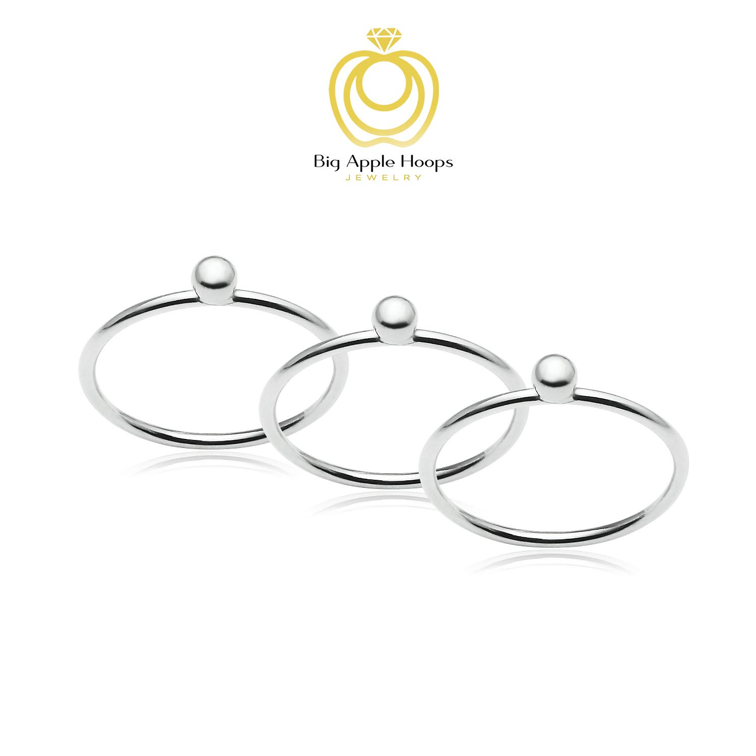 Big Apple Hoops - 3 PCS Ring Set 925 Sterling Silver Ring, Bead Ball Ring Size 5