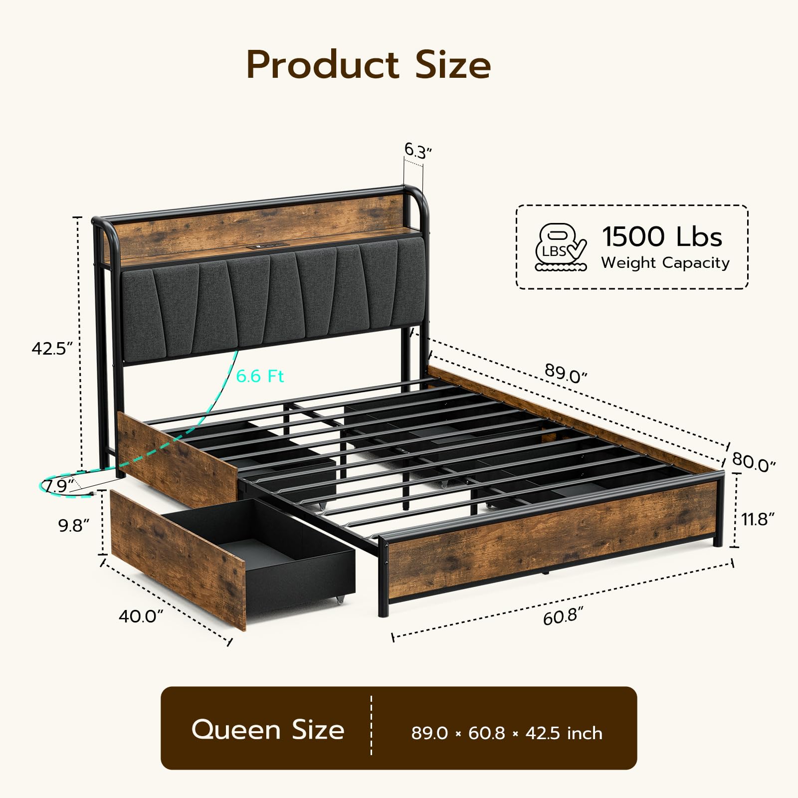 CIKUNASI Queen Size Bed Frame with Headboard and Storage, 4 Drawers Platform Bed Frame Queen Size with Storage Chargin Station LED Light Bed Frame, Heavy Duty