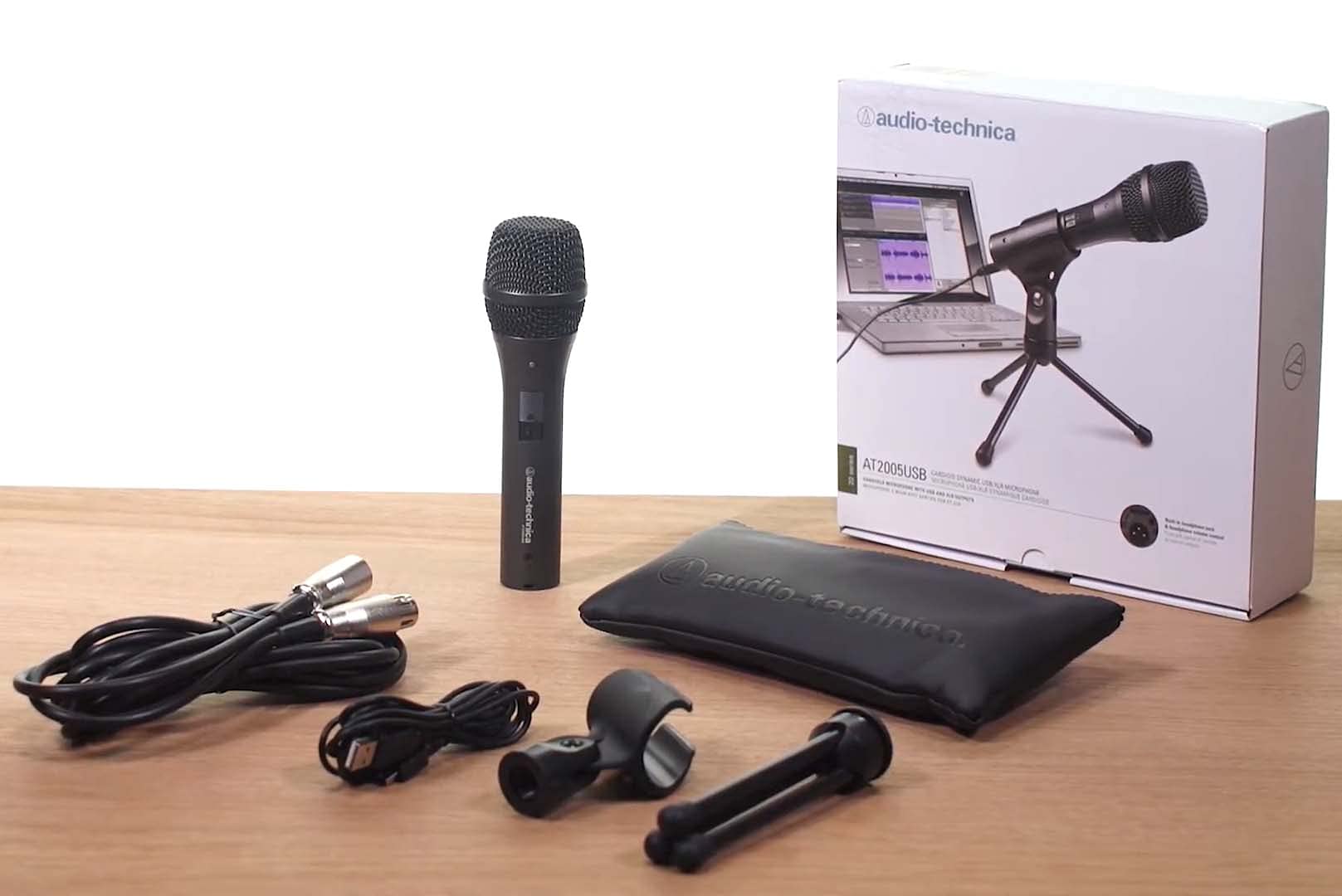 Audio-Technica AT2005USB Cardioid Dynamic USB/XLR Microphone Bundle with Blucoil 4-Pack of 12 Acoustic Wedges, 10' XLR Cable, Boom Arm Plus Pop Filter, and Samson SR350 Over-Ear Stereo Headphones