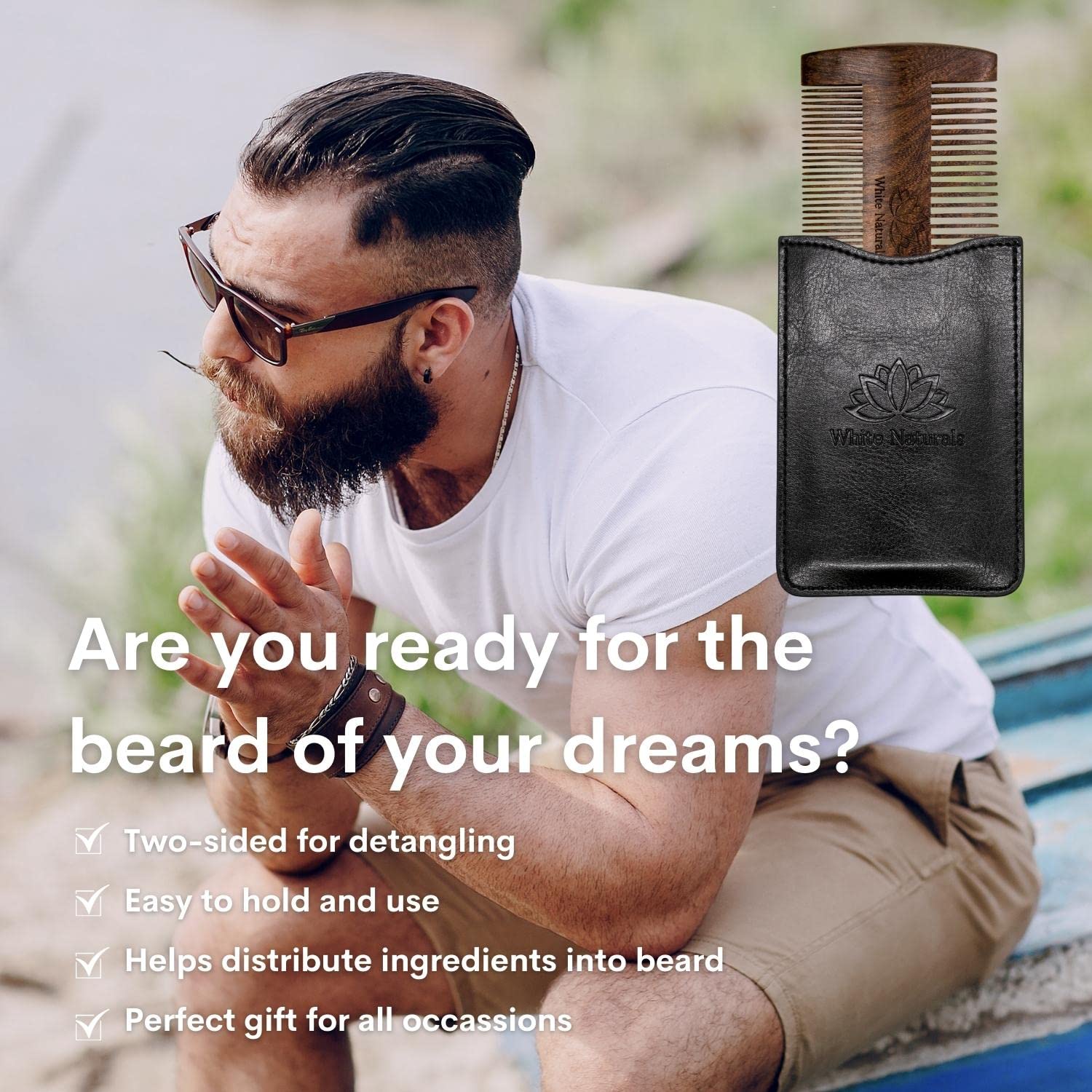 Beard Comb for Men, Wooden Natural Sandalwood, Fine Dual Action Teeth Beard Comb, Handmade Premium Sandal Wood, Fine & Coarse Tooth Perfect for Balms and Oils, Includes PU Leather Case, Pocket Size