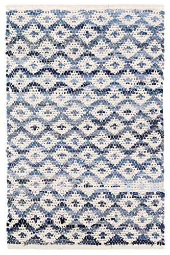Dash and Albert Denim Rag Diamond Ivory Handwoven Cotton Rug, 3 X 5 Feet, Blue Geometric Pattern