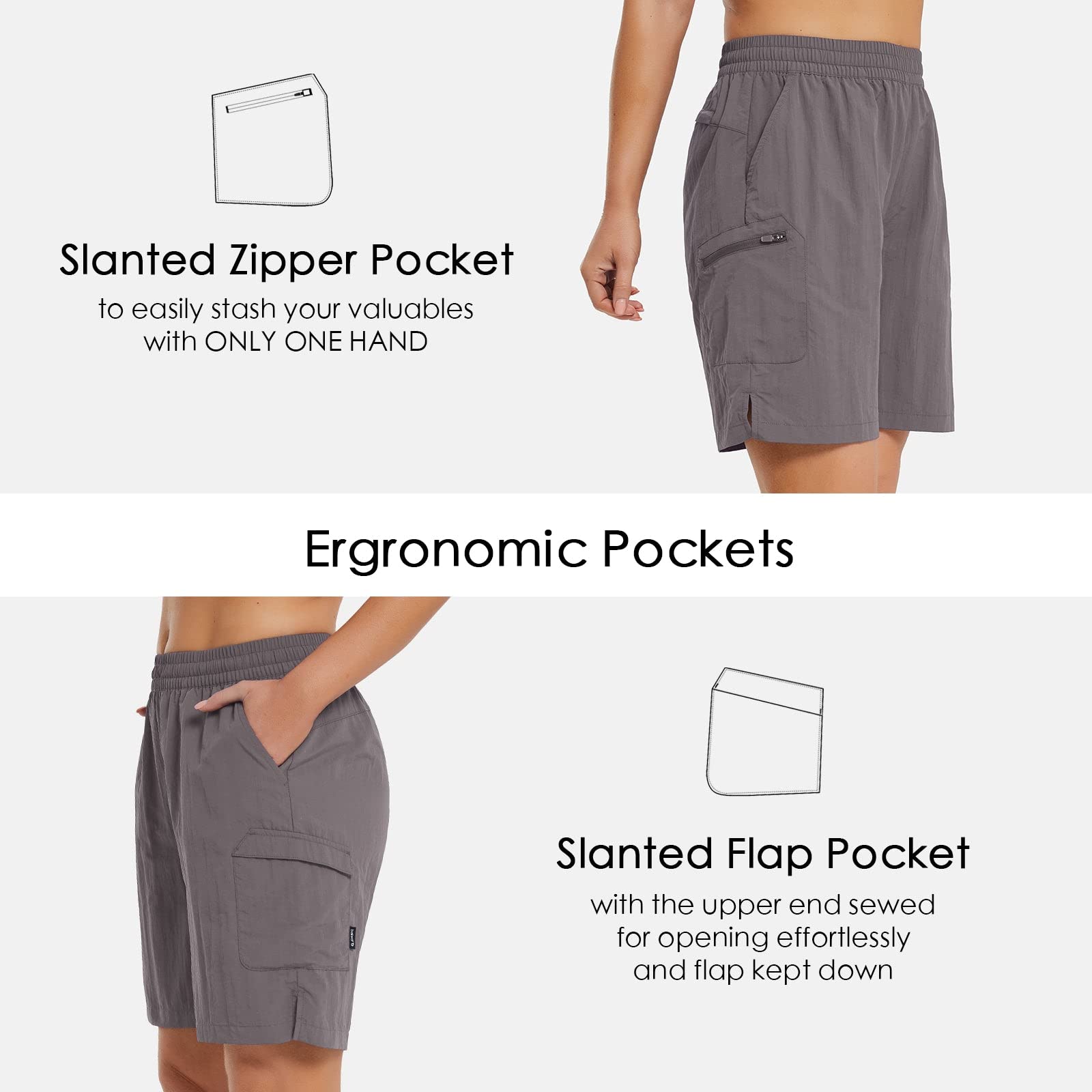 BALEAF Womens 7" Hiking Shorts with Zipper Pockets Summer Quick Dry Nylon Lightweight Baggy Shorts for Thick Thighs Black L