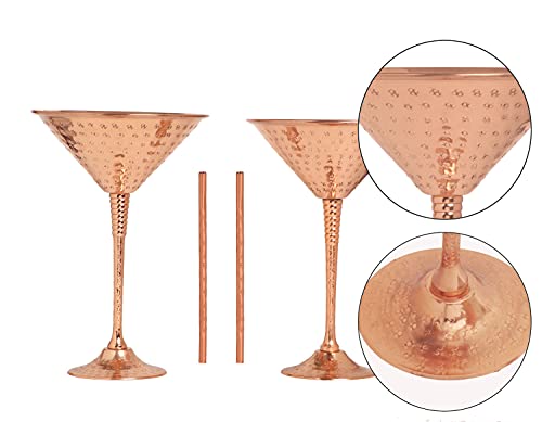 BOLD & DIVIN Handmade Hammered Pure Copper Martini Globlets | With Exquisite Reinforcement Ring & Pure Copper Straws | Set of 2 | 9.5 Oz | Glasses for Wedding, Valentines Gift