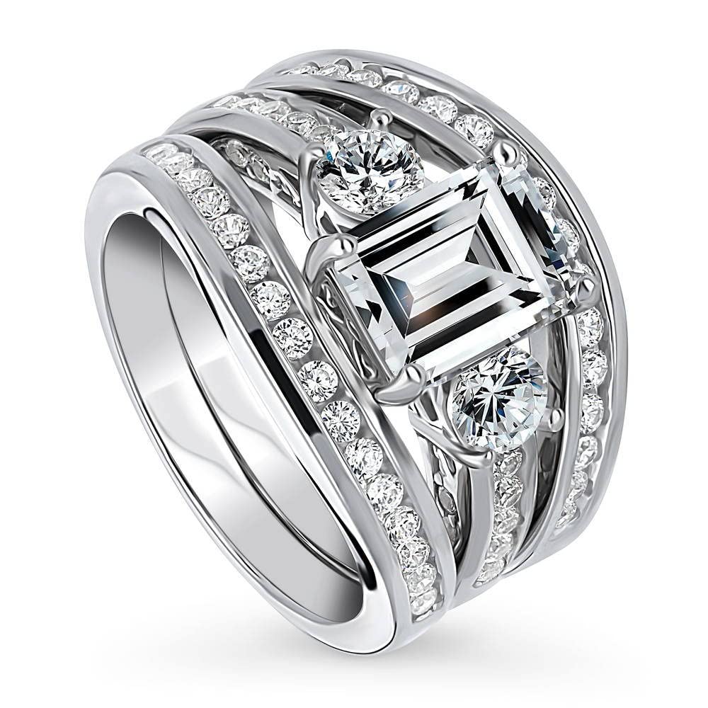 BERRICLE Sterling Silver 3-Stone Wedding Engagement Rings Emerald Cut Cubic Zirconia CZ Ring Set for Women, Rhodium Plated Size 6
