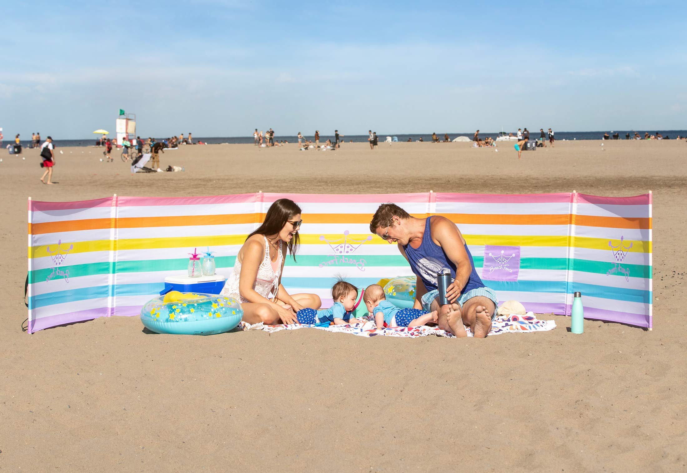 BEACH FENCE Premium 20 ft Beach Windscreen, Privacy Screen, Wind Blocker - Pastel Perfect, Free Rubber Mallet and Carry Bag Included