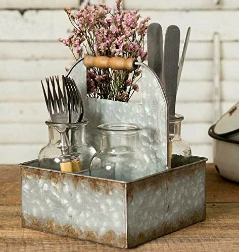 Primitive Galvanized Metal Organizer w/Four Jars Rustic Bin Farmhouse Gray Home and Garden