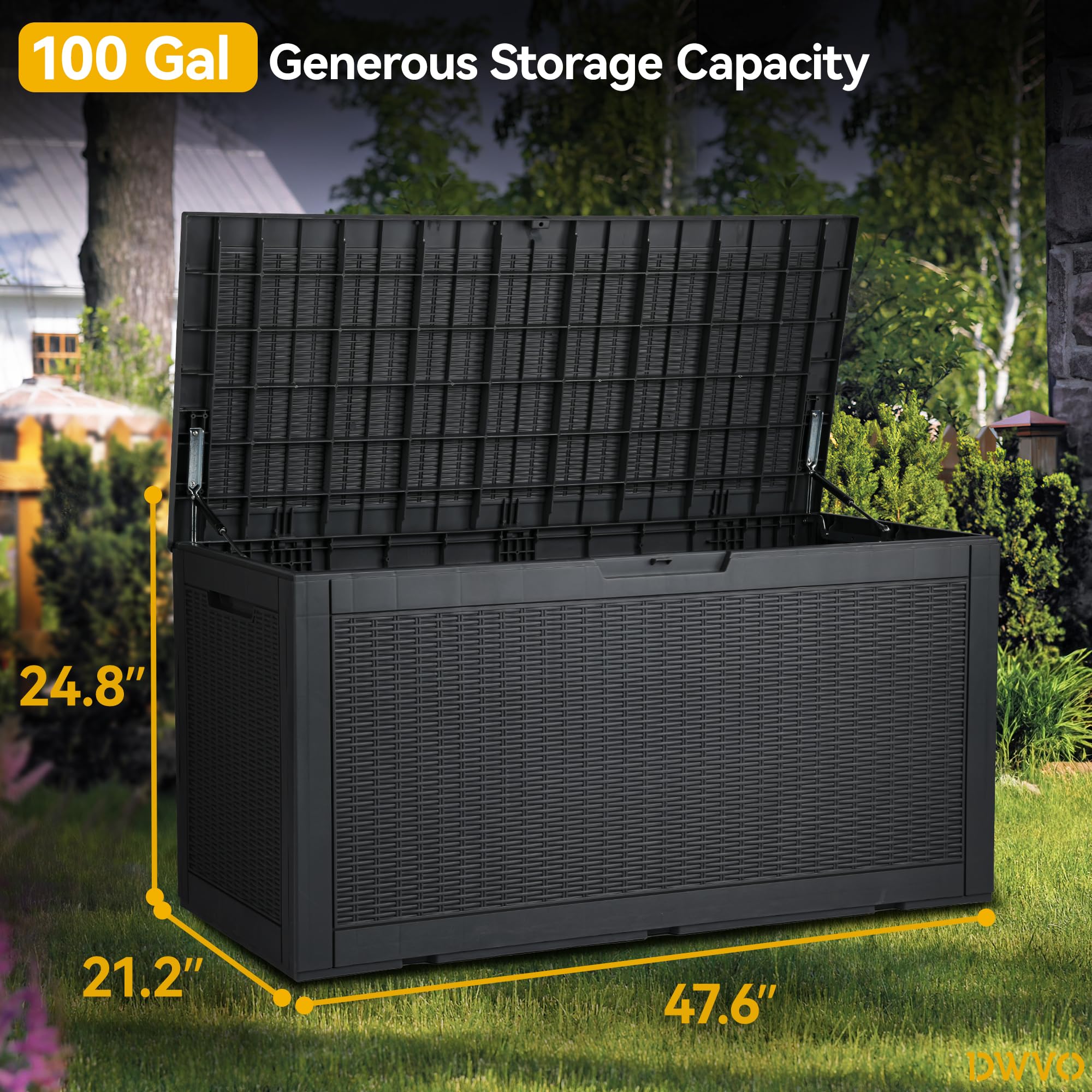 DWVO 100 Gallon Outdoor Storage Box, Large Deck Box Lockable Waterproof and UV Resistant Resin for Gardening Tools, Pool Supplies, Patio Cushions (Black)
