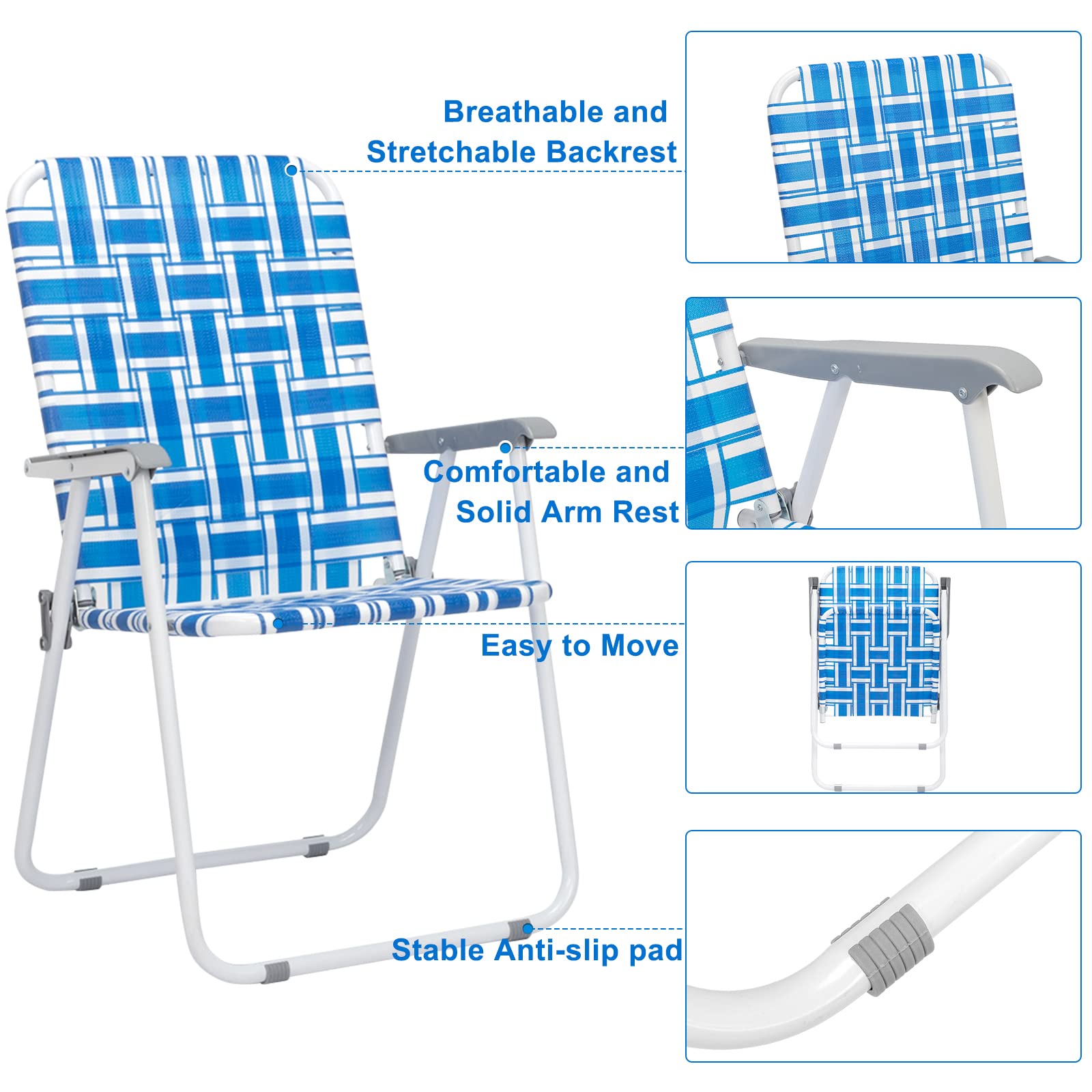 Kcelarec Set of 2 Patio Folding Lawn Chair, Outdoor Beach Portable Webbed Folding Camping Chair for Yard, Garden (Blue 1)