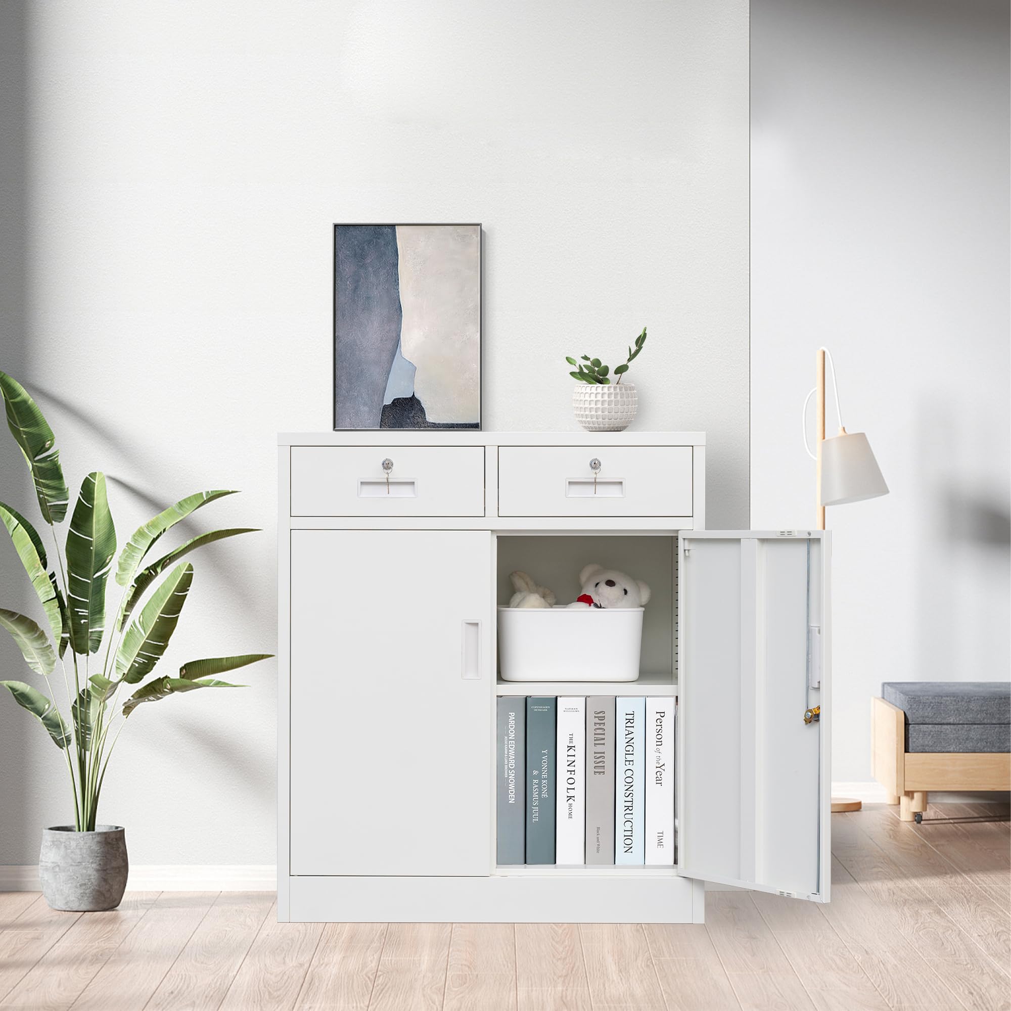 TaskStorz Metal Garage Storage Cabinets,Metal File Cabinet with 2 Locking Drawers, Lockable Storage Cabinets for Office, Home, Garage, Warehouse 36.2" H x 31.5" W x 15.7" D (White)