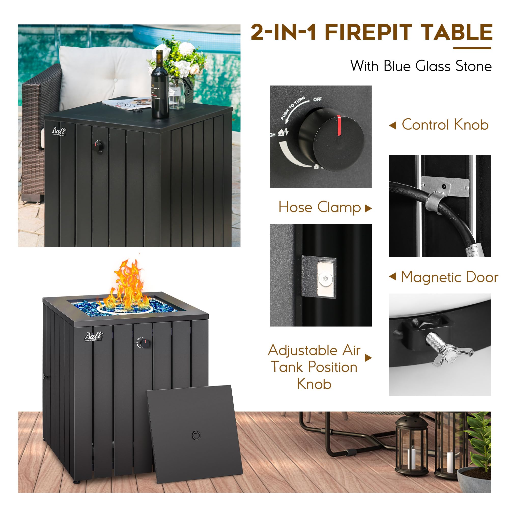 BALI OUTDOORS 23.6 Inch Square Gas Fire Pit Table with Blue Fire Glass, 41,000 BTU Propane Firepit Table for Outdoor Garden and Patio