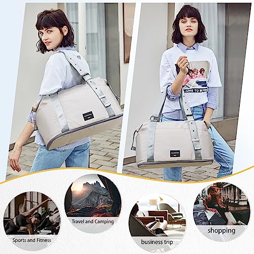 Hanke Expandable Tote Bag Foldable Duffle Bag for Travel Carry on Weekend Bag for Women with Adjustable Shoulder Strap Gym Bag for Men Garment Bag.(Dune Grey)