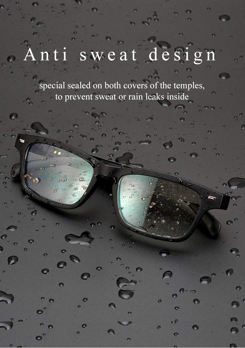 OOAVR Black Bluetooth Sunglasses with Anti-Blue Light Lens, Waterproof and Lightweight, Suitable for Outdoor Activities